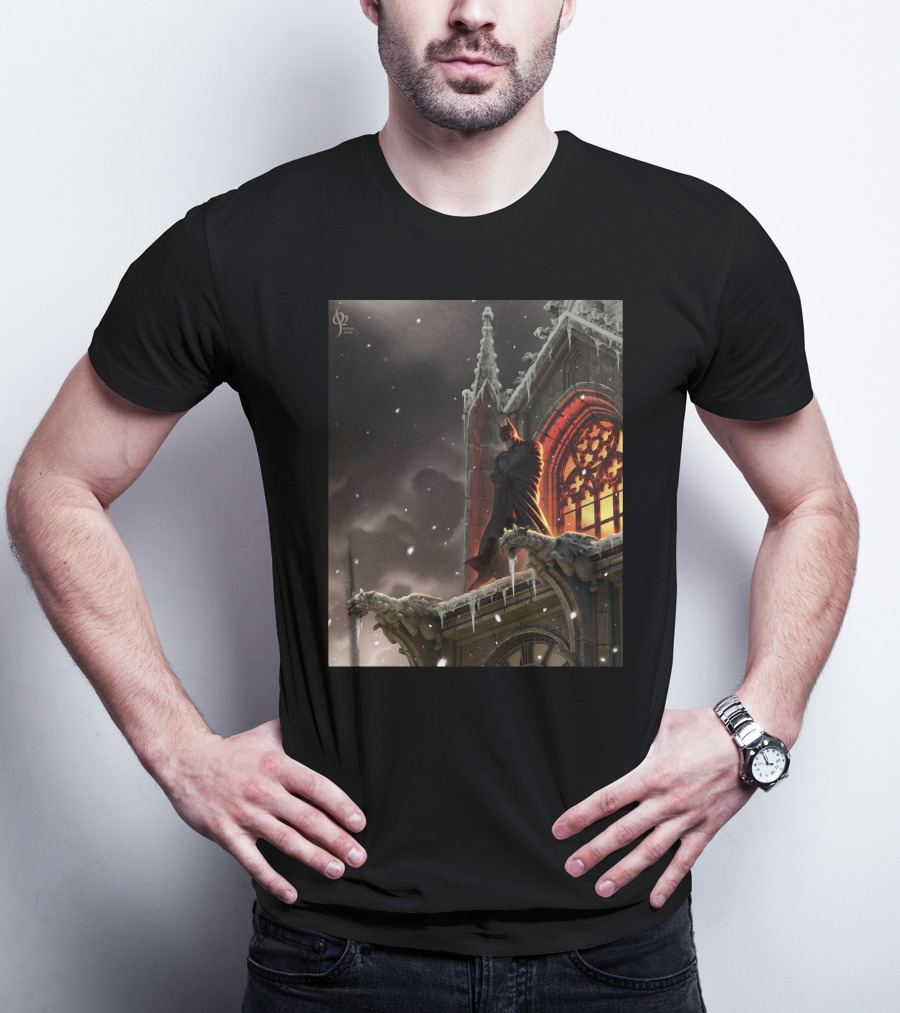 A Knight In The Frost Gothic Cathedral Snowfall Scene T-Shirt