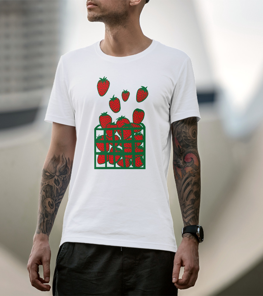 Strawberry Basket With Falling Strawberries Screen Print T-Shirt