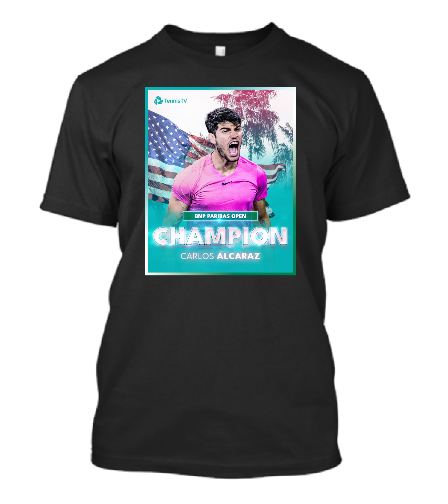 TennisTV BNP Paribas Open Champion Carlos Alcaraz American Flag Background T-Shirt