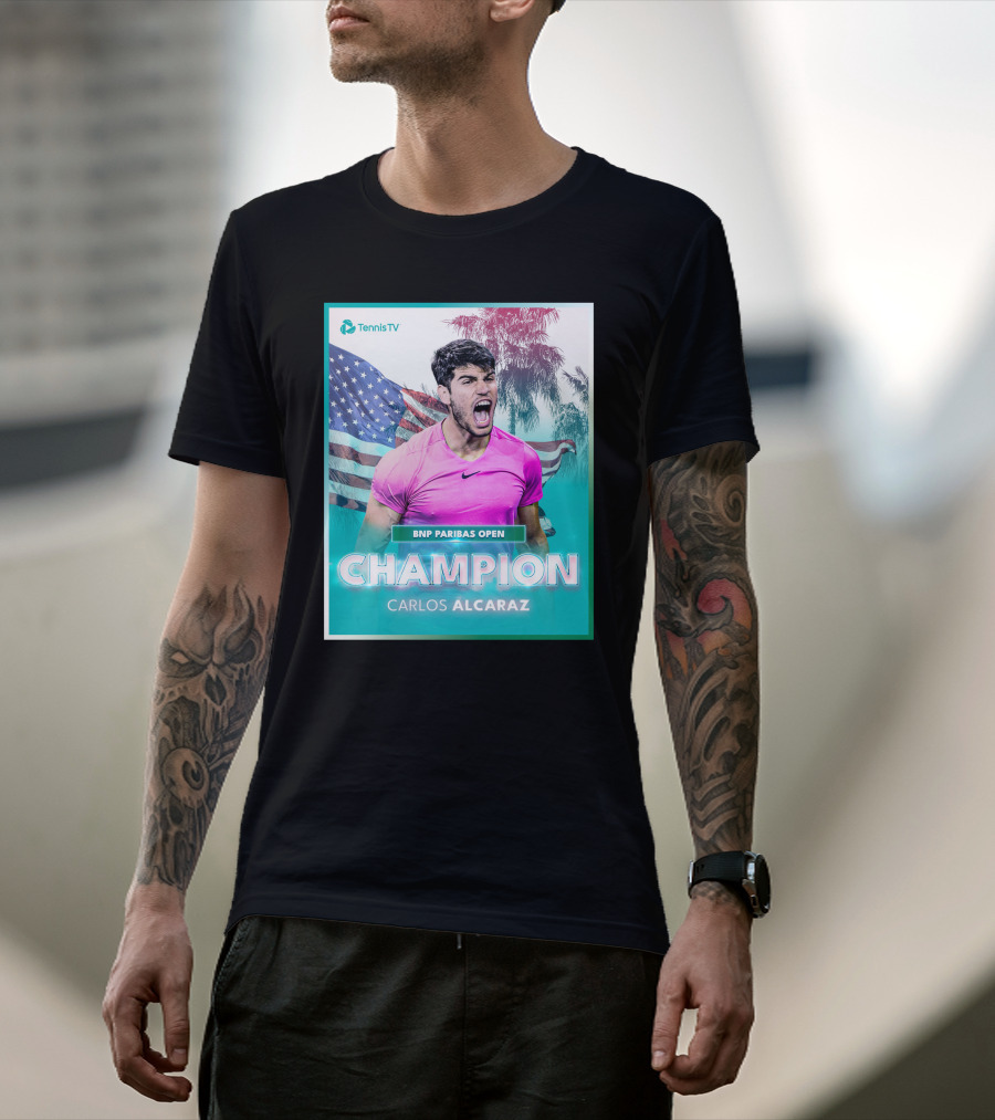 TennisTV BNP Paribas Open Champion Carlos Alcaraz American Flag Background T-Shirt