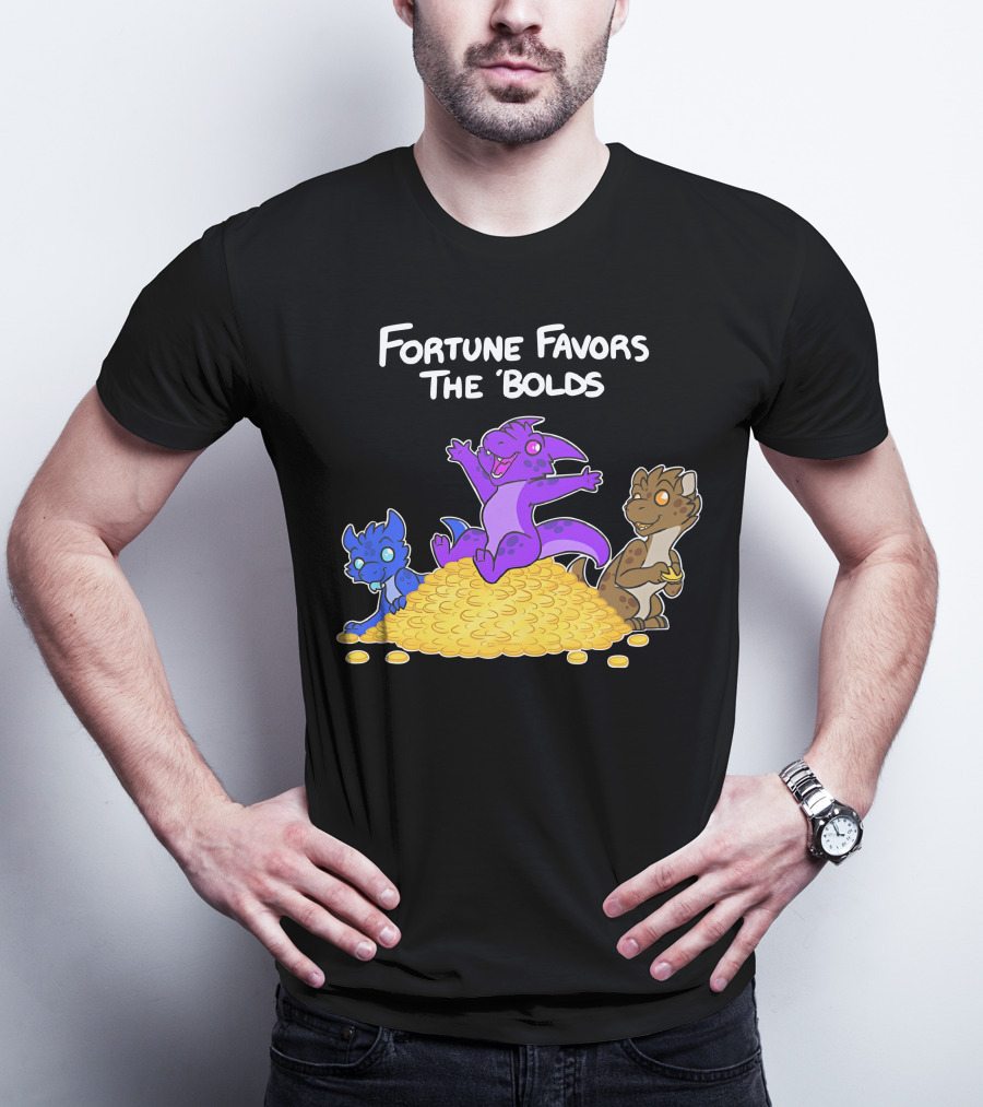 Kobold Fortune Favors The Bold Colorful Cartoon Creatures On Gold Coins T-Shirt