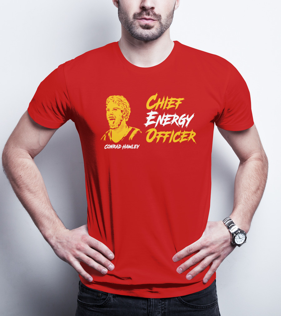 Conrad Hawley Chief Energy Officer Enthusiastic Portrait In Bold Yellow And White Text T-Shirt