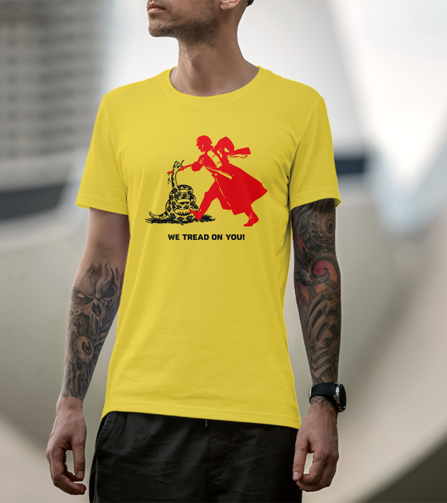 We Tread On You Revolutionary Soldier And Snake Yellow Background T-Shirt