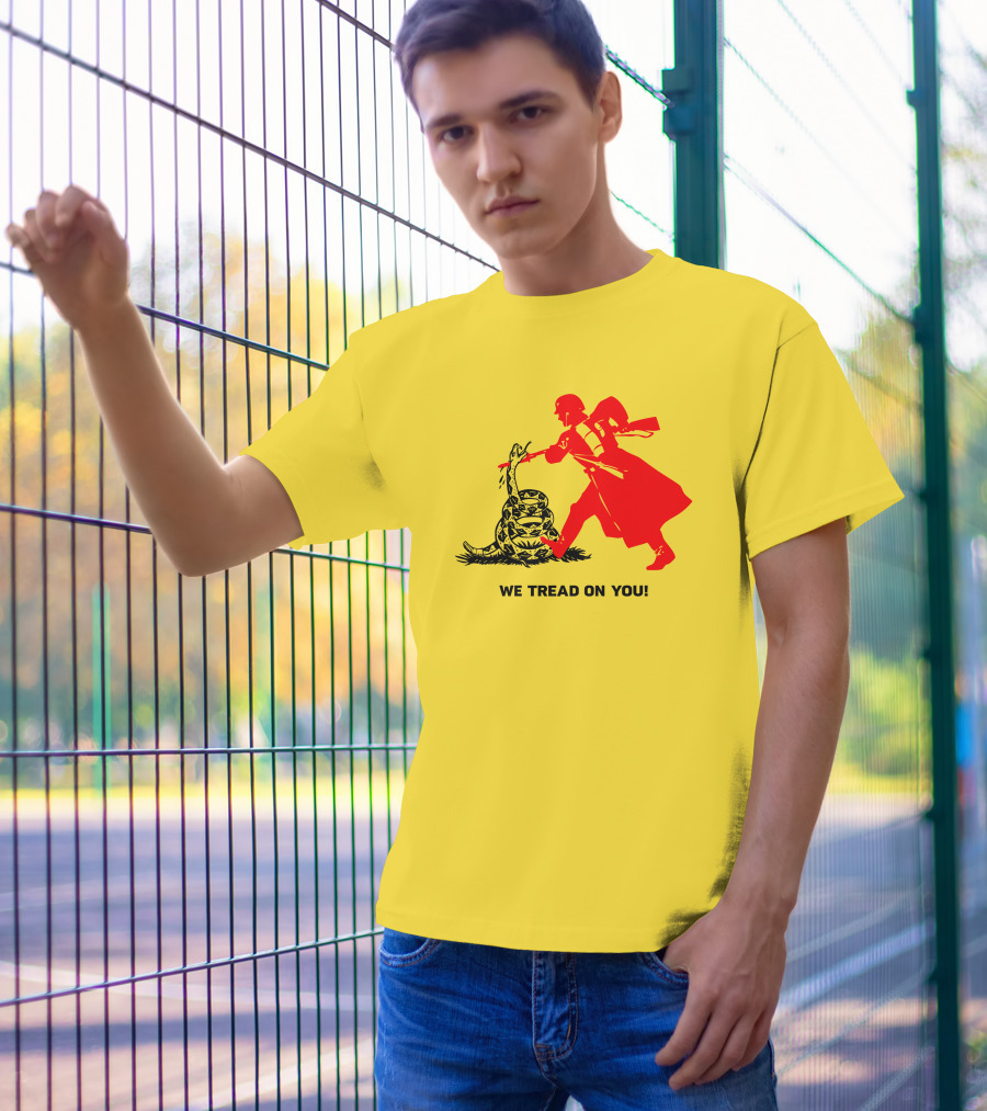 We Tread On You Revolutionary Soldier And Snake Yellow Background T-Shirt