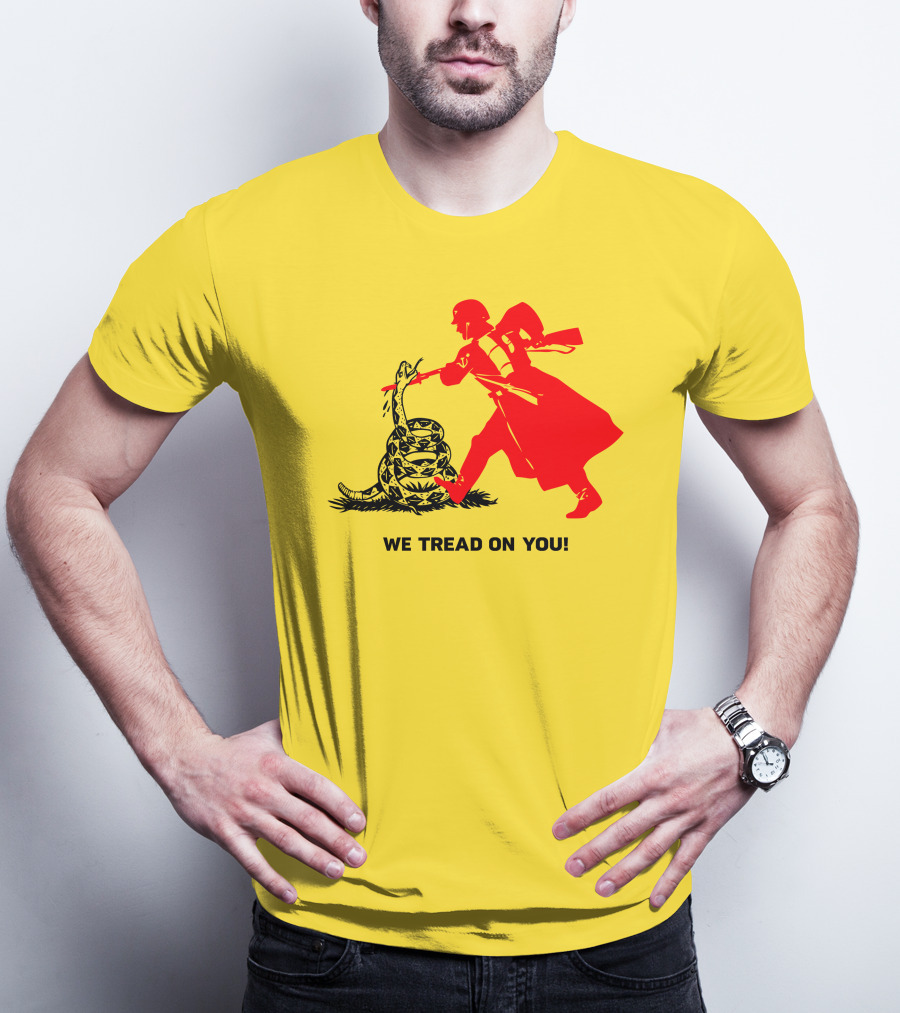 We Tread On You Revolutionary Soldier And Snake Yellow Background T-Shirt