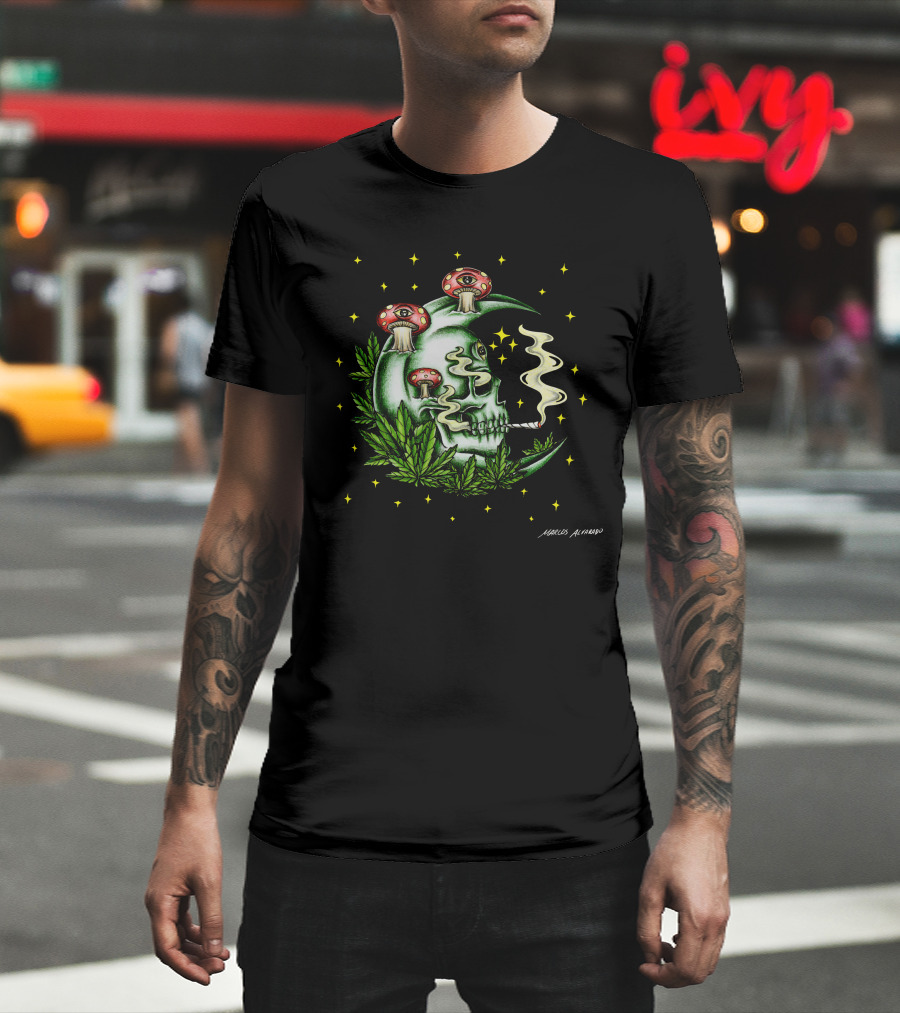 Marcos Alvarado Smoking Moon Skull With Mushroom Eyes And Cannabis Leaves T-Shirt