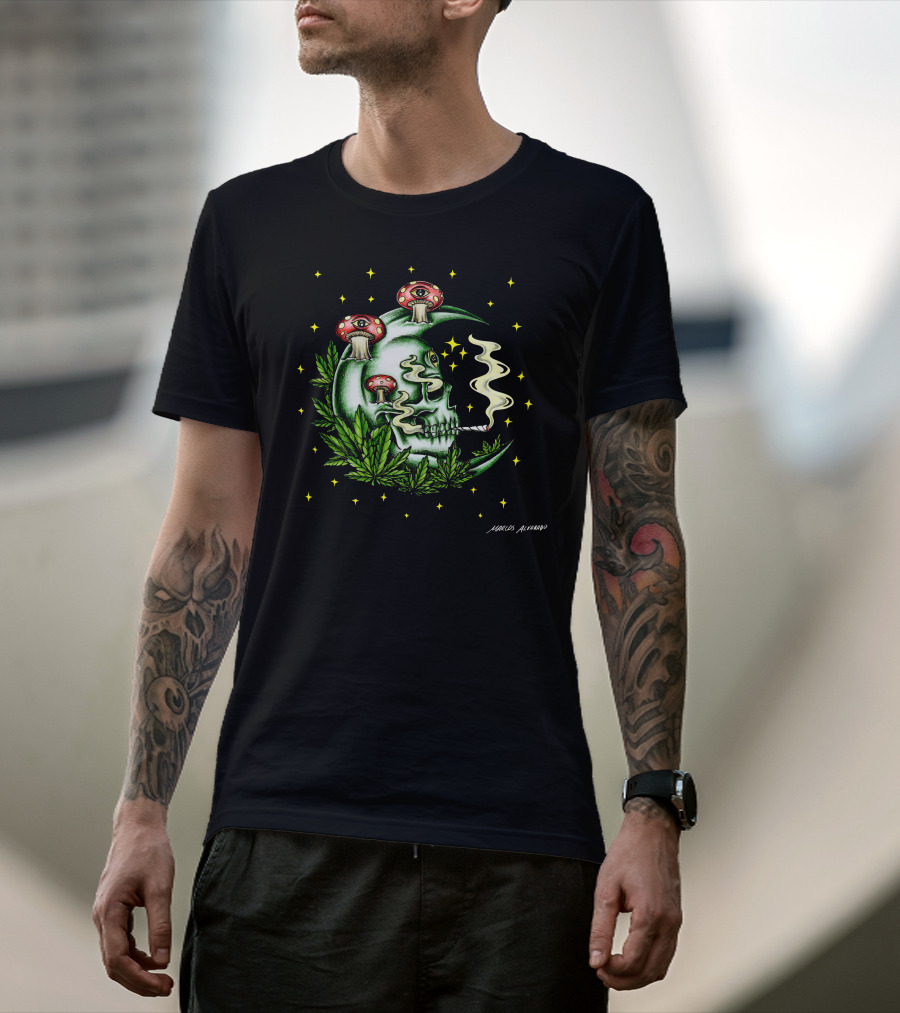 Marcos Alvarado Smoking Moon Skull With Mushroom Eyes And Cannabis Leaves T-Shirt