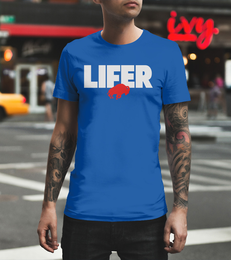 Lifer Buffalo Silhouette Blue Background T-Shirt