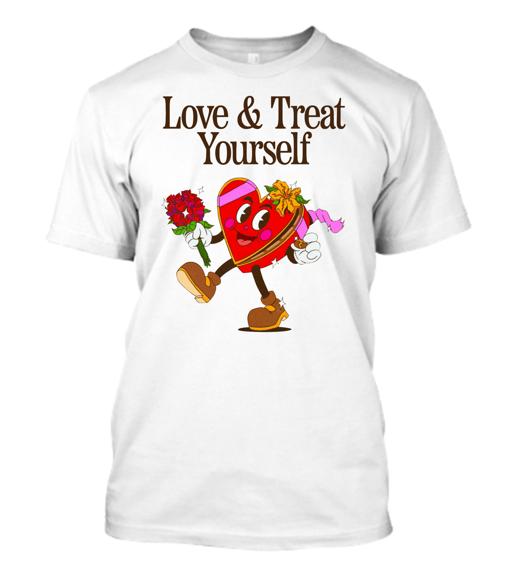 Love And Treat Yourself Heart Character With Flowers And Bow Tie T-Shirt