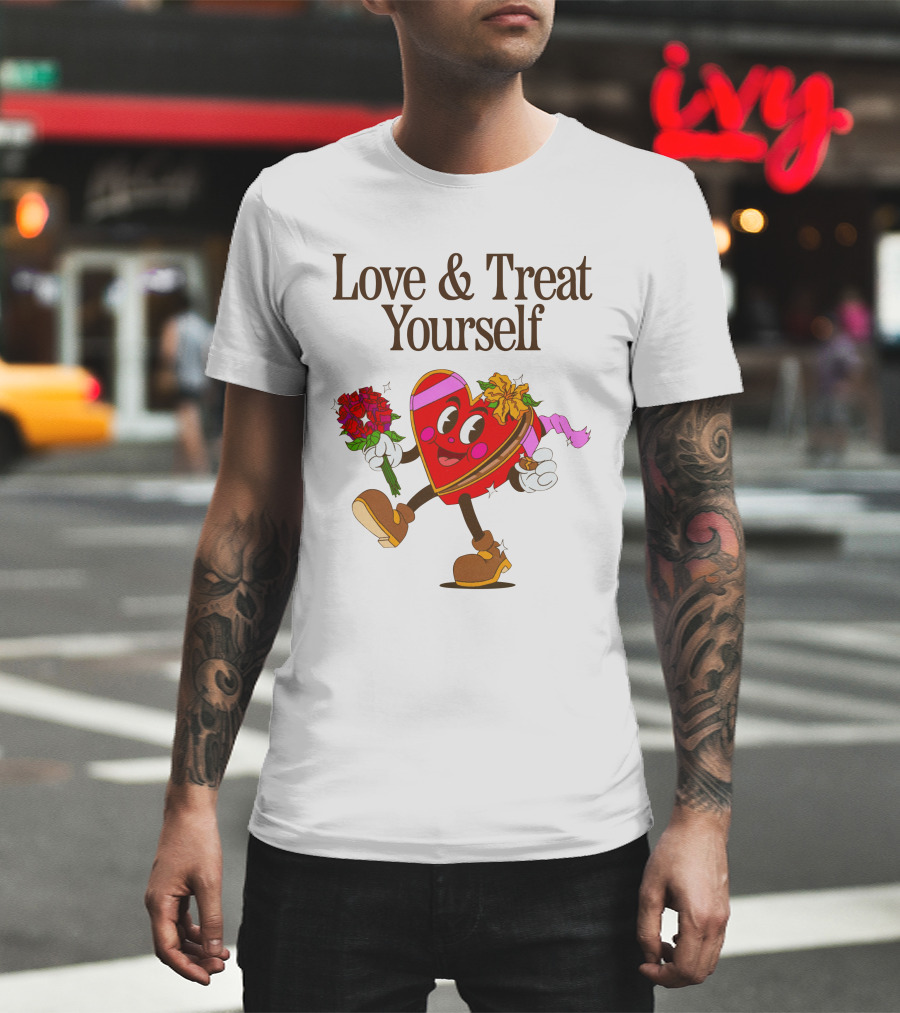Love And Treat Yourself Heart Character With Flowers And Bow Tie T-Shirt