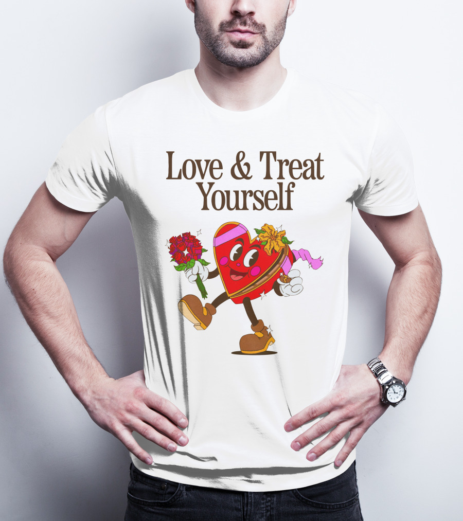 Love And Treat Yourself Heart Character With Flowers And Bow Tie T-Shirt