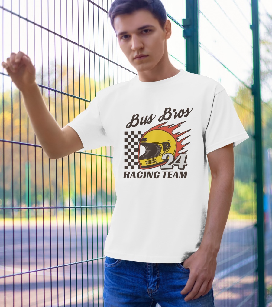 Bus Bros 24 Racing Team Helmet Flames Checkered Flag T-Shirt