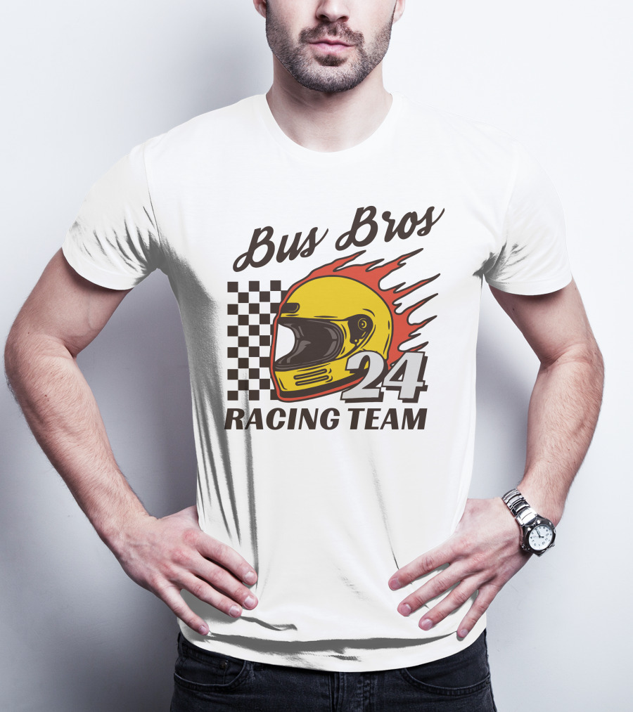Bus Bros 24 Racing Team Helmet Flames Checkered Flag T-Shirt