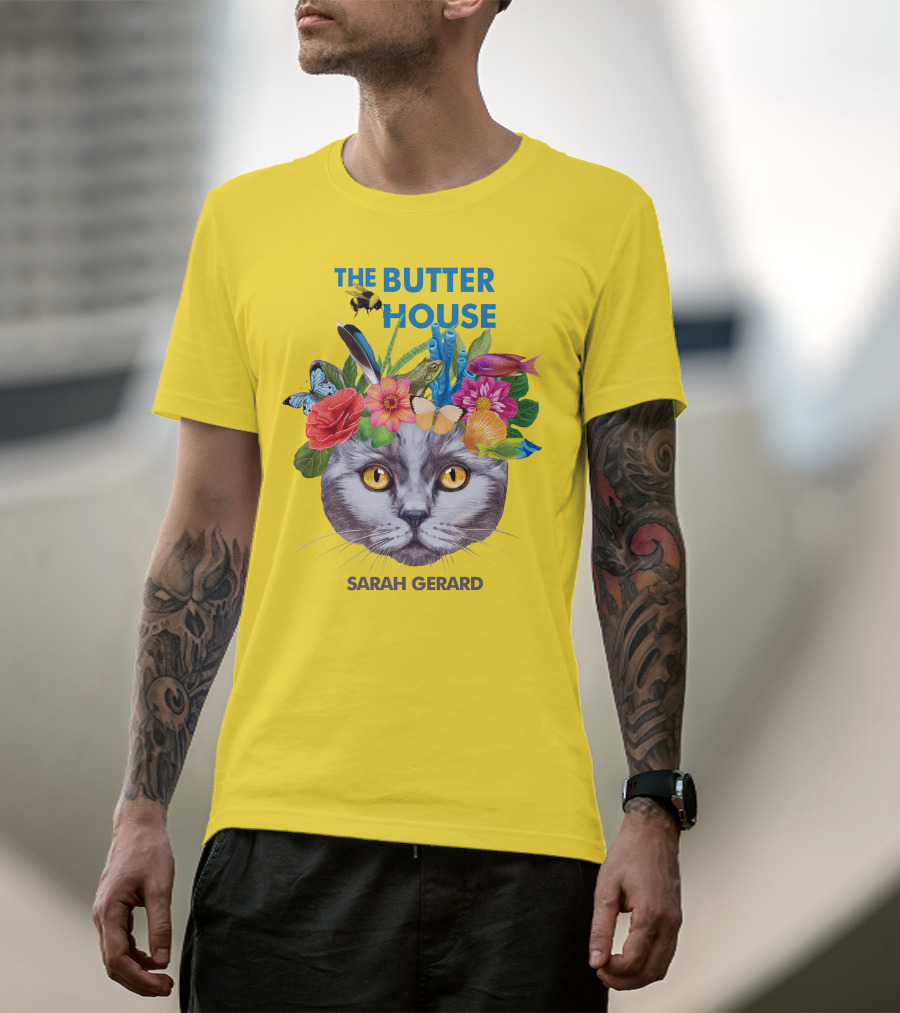 The Butter House Sarah Gerard Floral Cat With Butterflies And Fish On Yellow T-Shirt