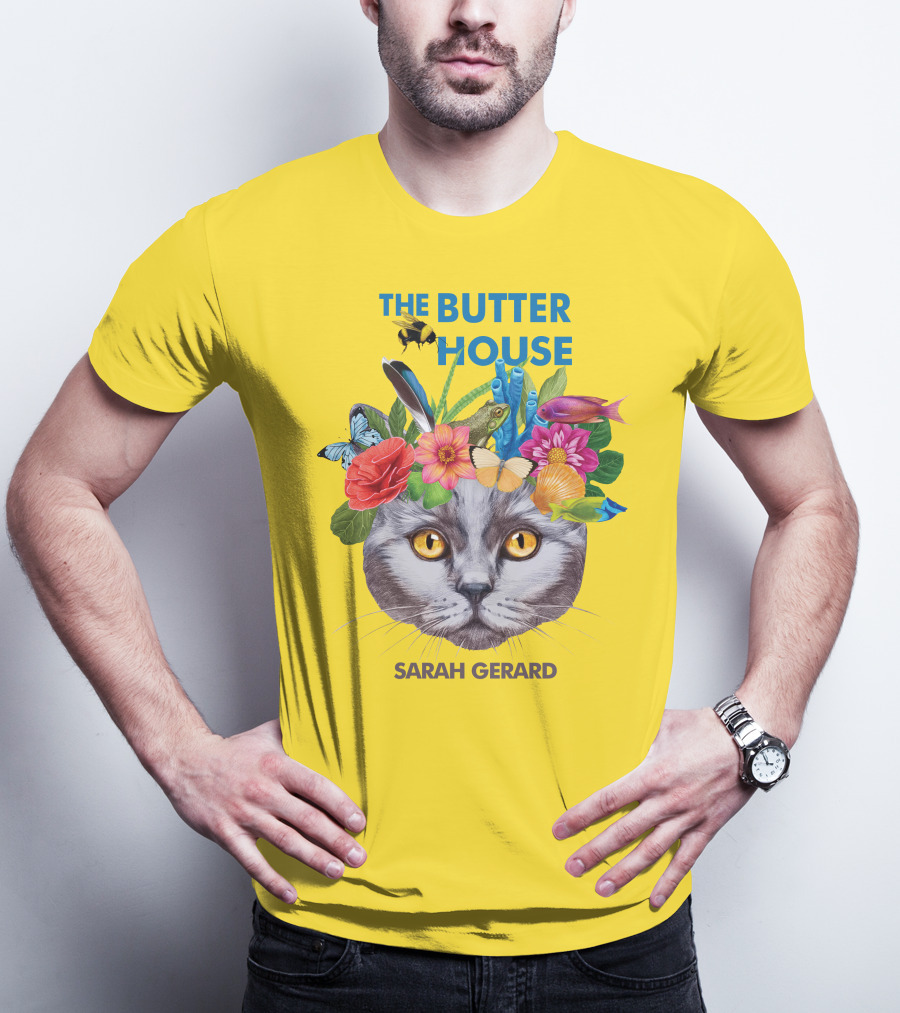 The Butter House Sarah Gerard Floral Cat With Butterflies And Fish On Yellow T-Shirt