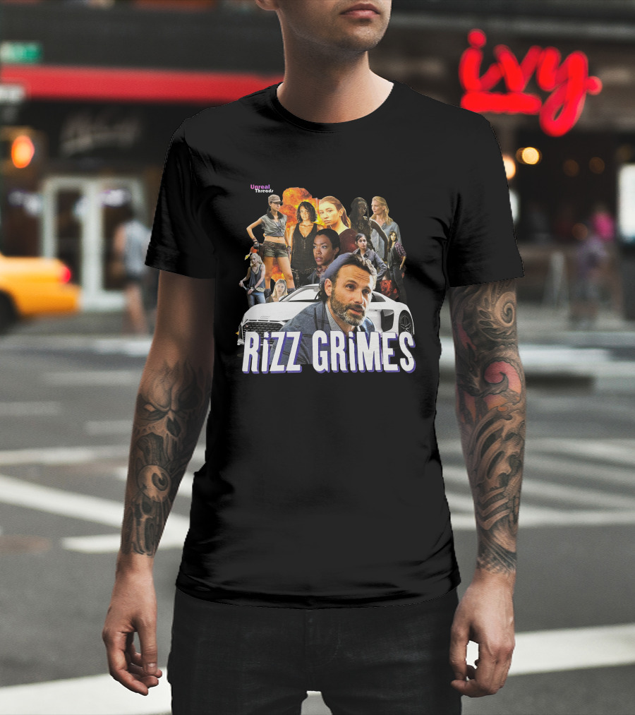 Unreal Threads Rizz Grimes Walking Dead Character Collage With Car And Flames T-Shirt