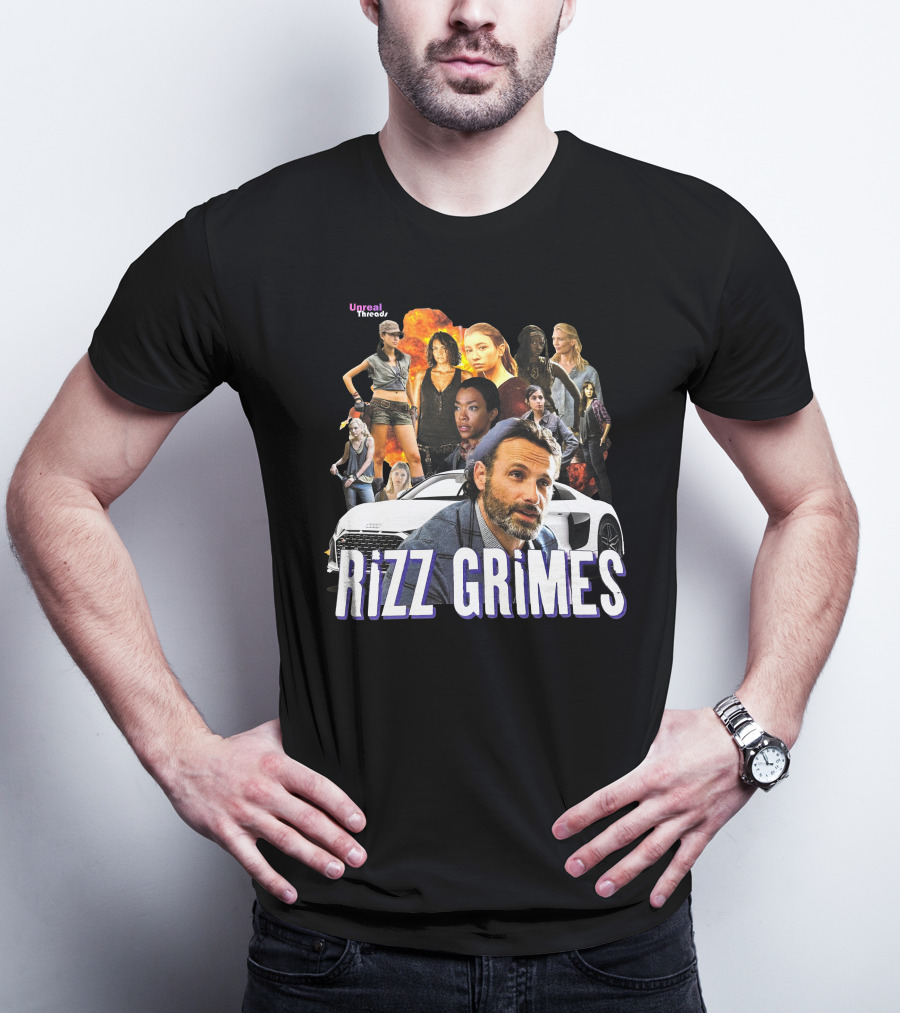 Unreal Threads Rizz Grimes Walking Dead Character Collage With Car And Flames T-Shirt