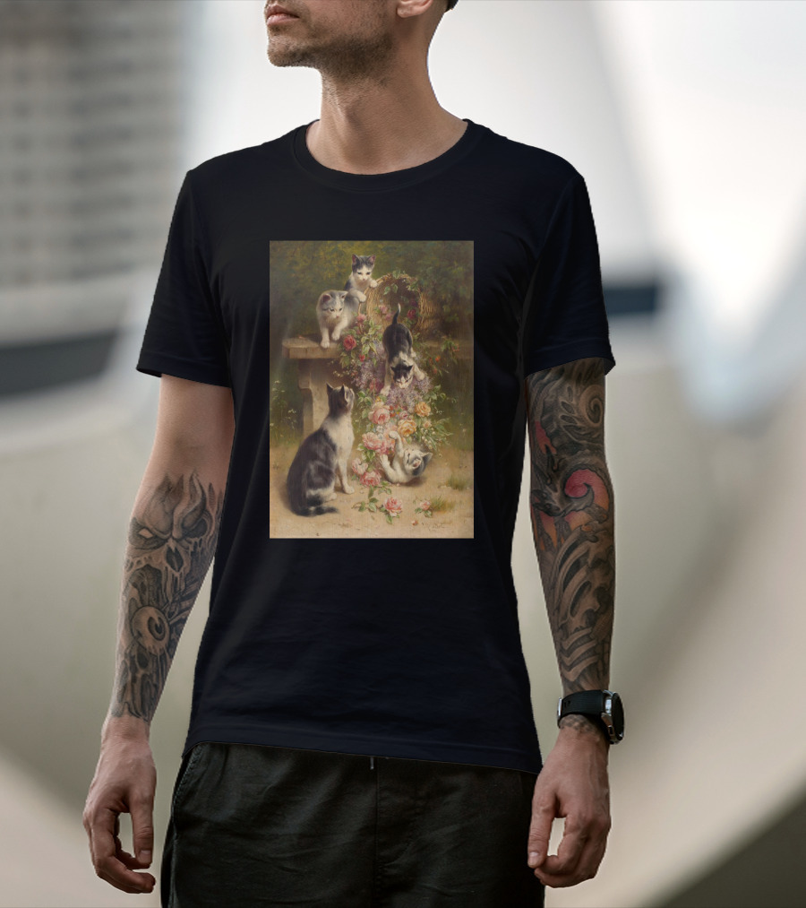 Cats And Flowers Playing On A Bench By Carl Reichert T-Shirt