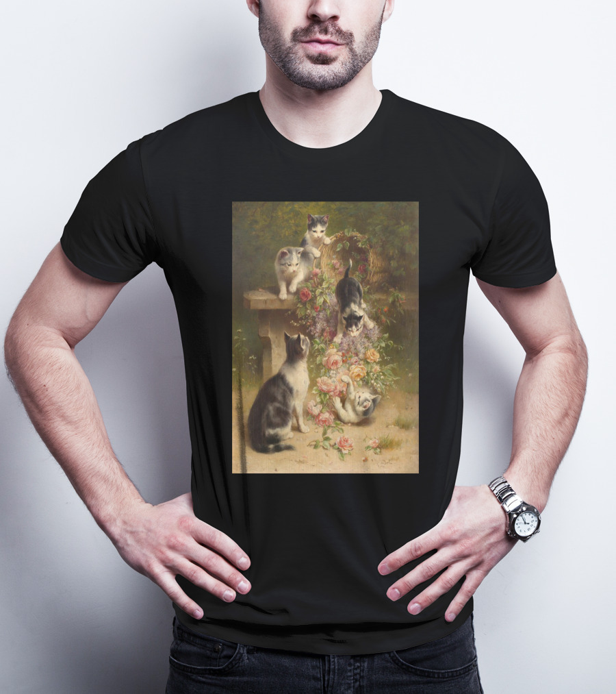 Cats And Flowers Playing On A Bench By Carl Reichert T-Shirt