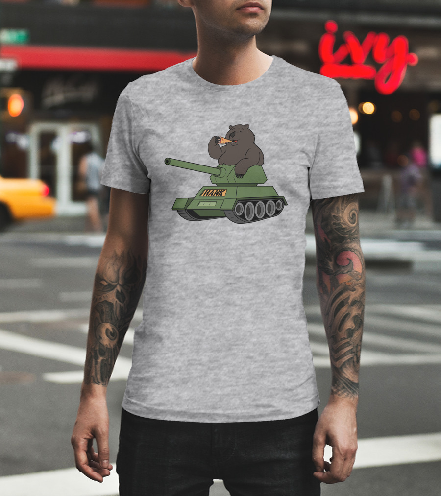 Bear Eating Pizza On A Tank With Hank Text T-Shirt