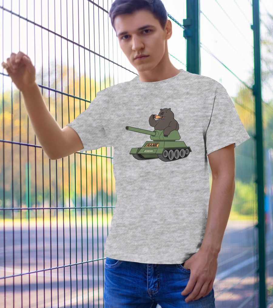 Bear Eating Pizza On A Tank With Hank Text T-Shirt