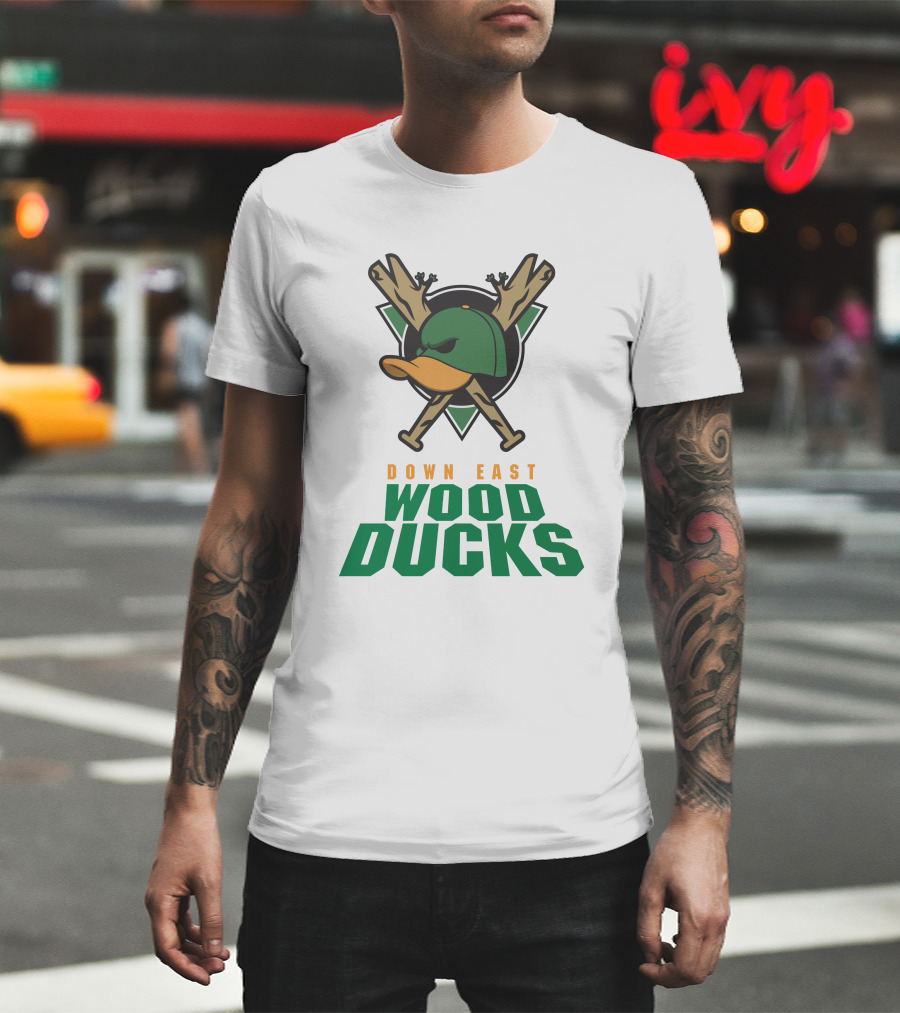 Down East Wood Ducks Baseball Logo With Crossed Bats And Duck Cap T-Shirt