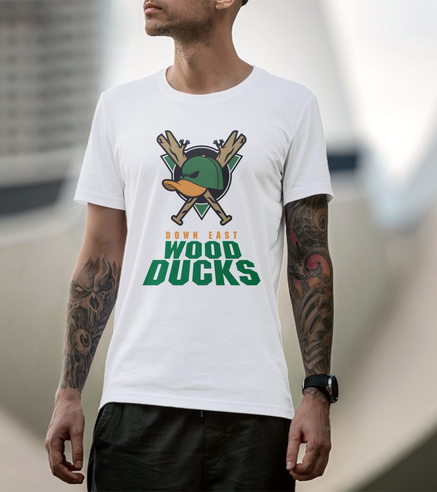 Down East Wood Ducks Baseball Logo With Crossed Bats And Duck Cap T-Shirt