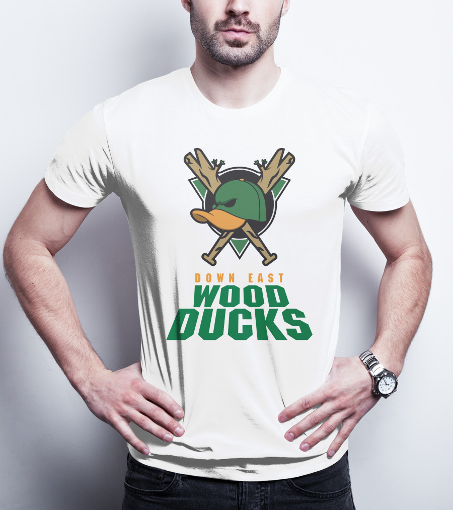 Down East Wood Ducks Baseball Logo With Crossed Bats And Duck Cap T-Shirt