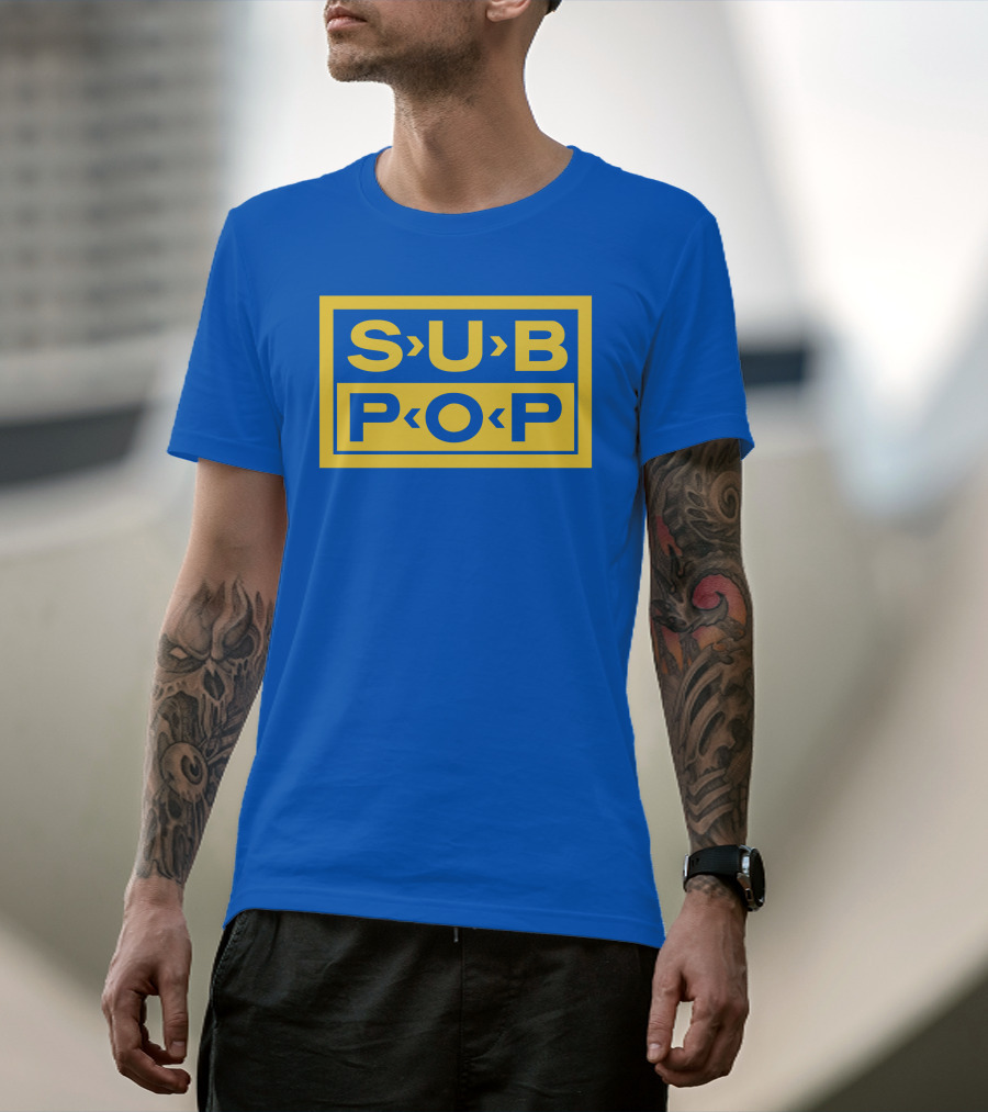 Sub Pop Records Megamart Store Logo Blue Background T-Shirt