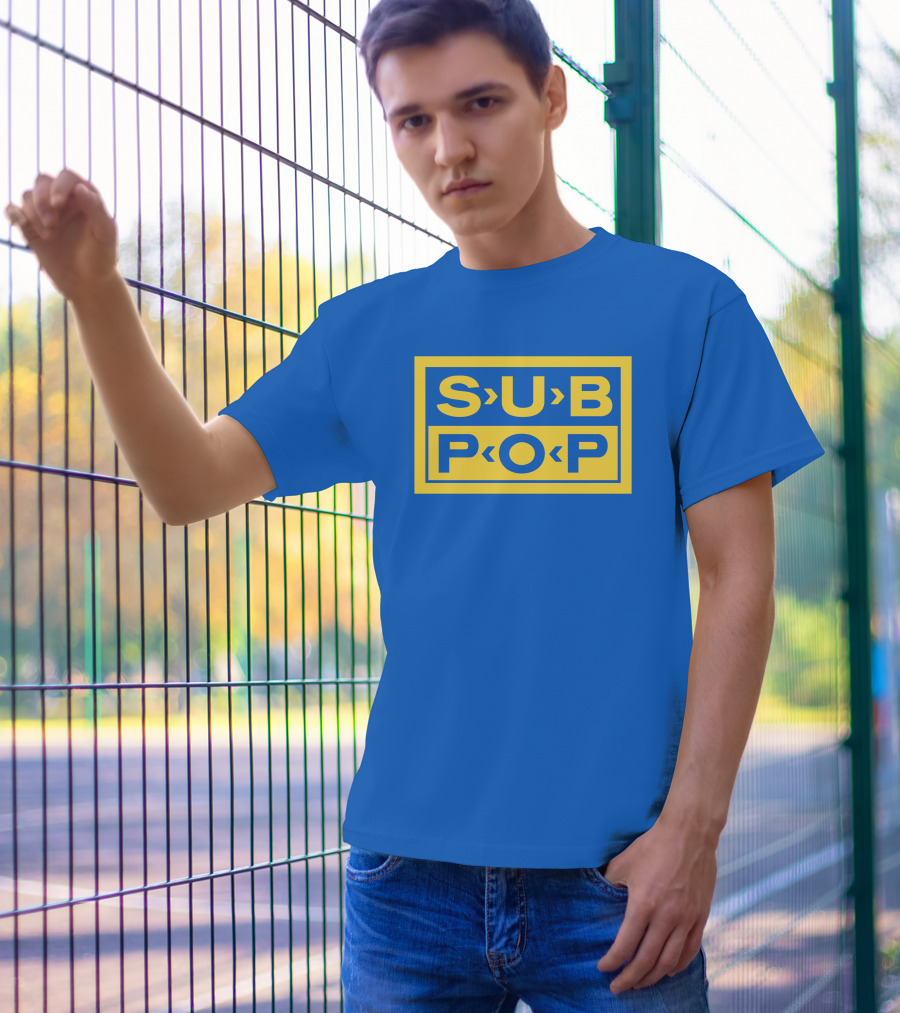 Sub Pop Records Megamart Store Logo Blue Background T-Shirt