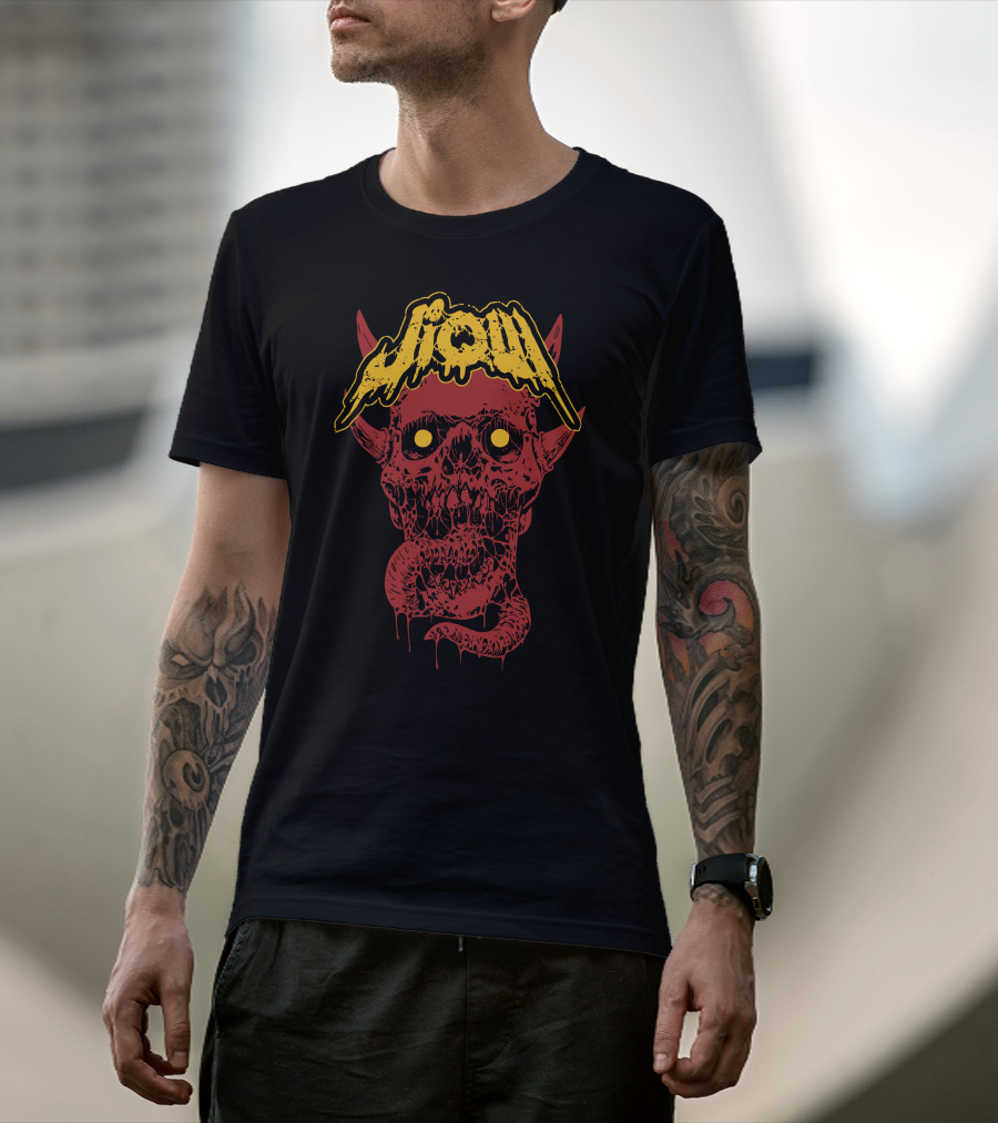 Jiqui Demon Music Merch Skull Demon With Yellow Lettering T-Shirt