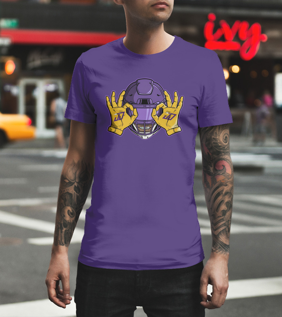Kevin O’Connell Justin Jefferson Griddy JJ Celebration Viking Helmet Purple Yellow Hands T-Shirt