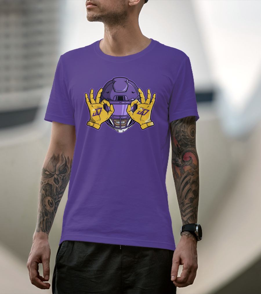 Kevin O’Connell Justin Jefferson Griddy JJ Celebration Viking Helmet Purple Yellow Hands T-Shirt