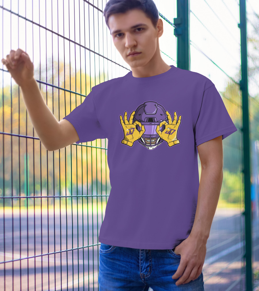Kevin O’Connell Justin Jefferson Griddy JJ Celebration Viking Helmet Purple Yellow Hands T-Shirt