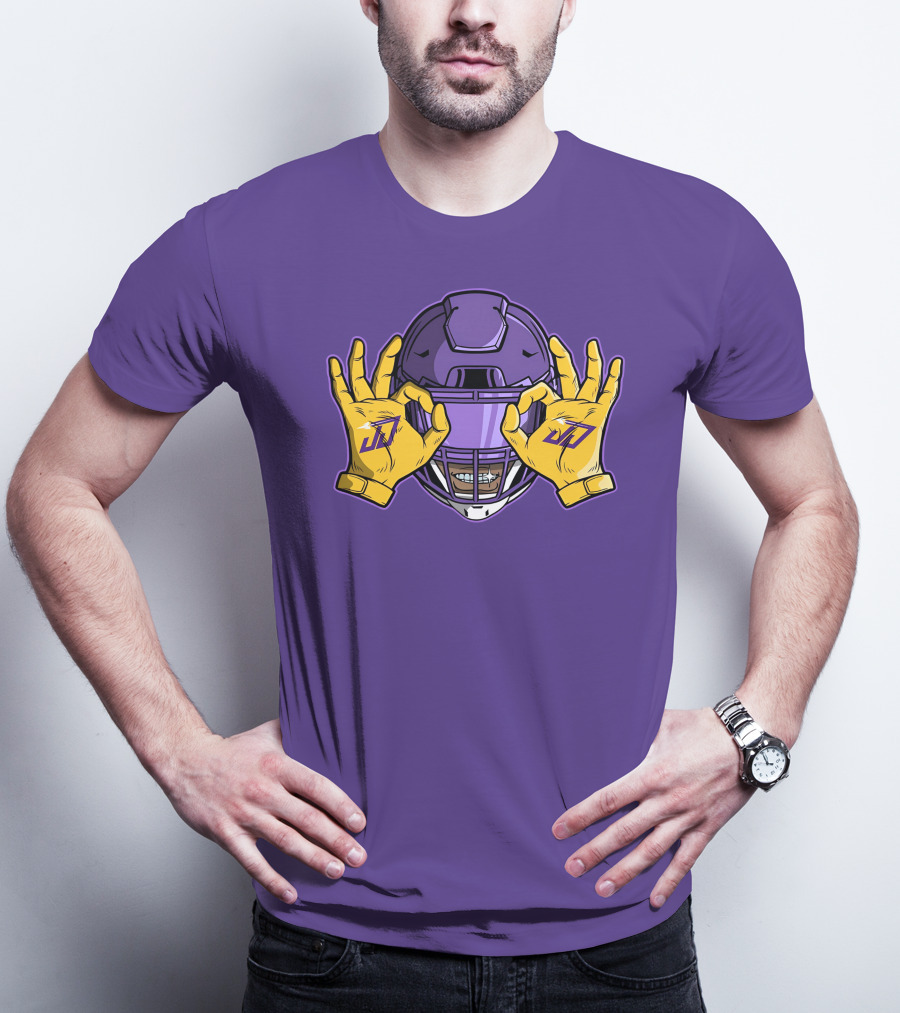 Kevin O’Connell Justin Jefferson Griddy JJ Celebration Viking Helmet Purple Yellow Hands T-Shirt