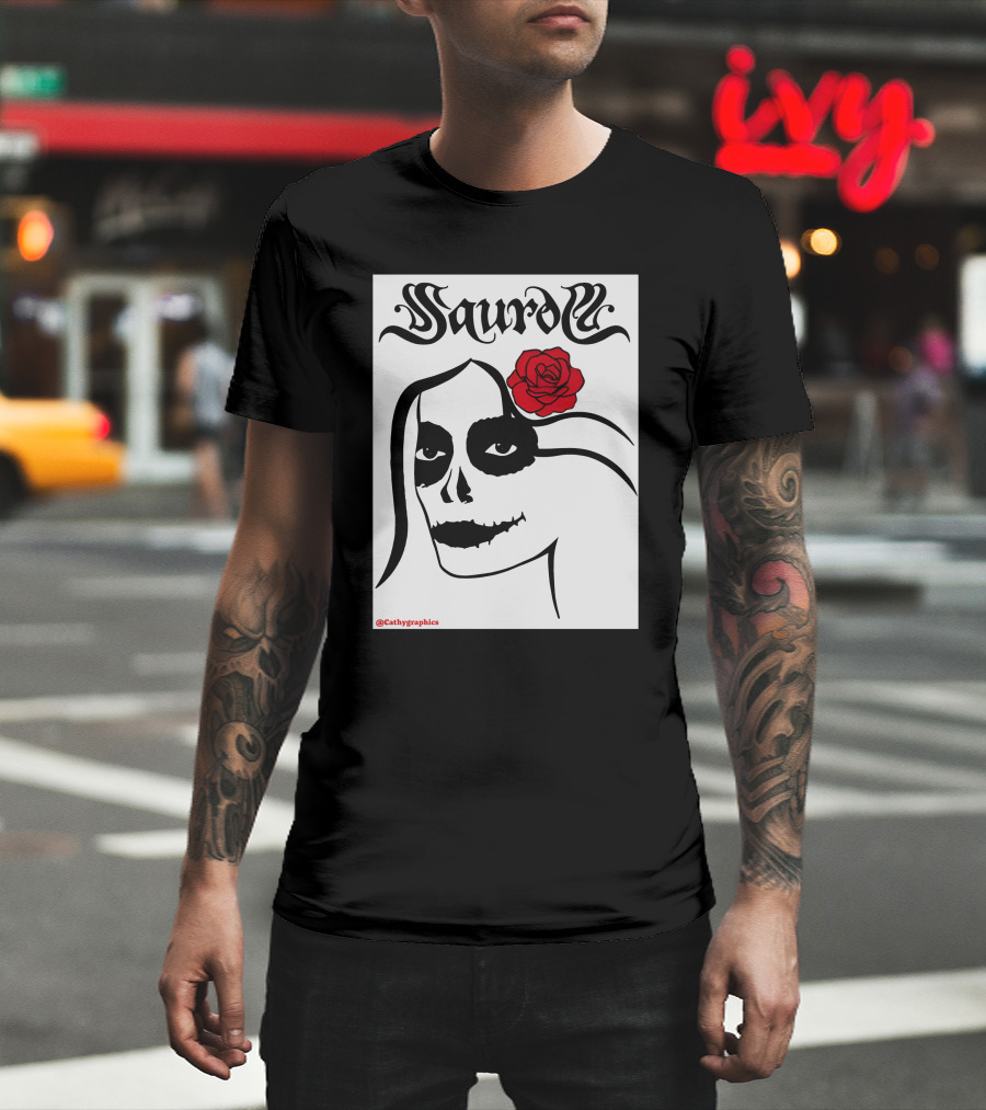 Saurom Cathygraphics Skull Face With Red Rose T-Shirt