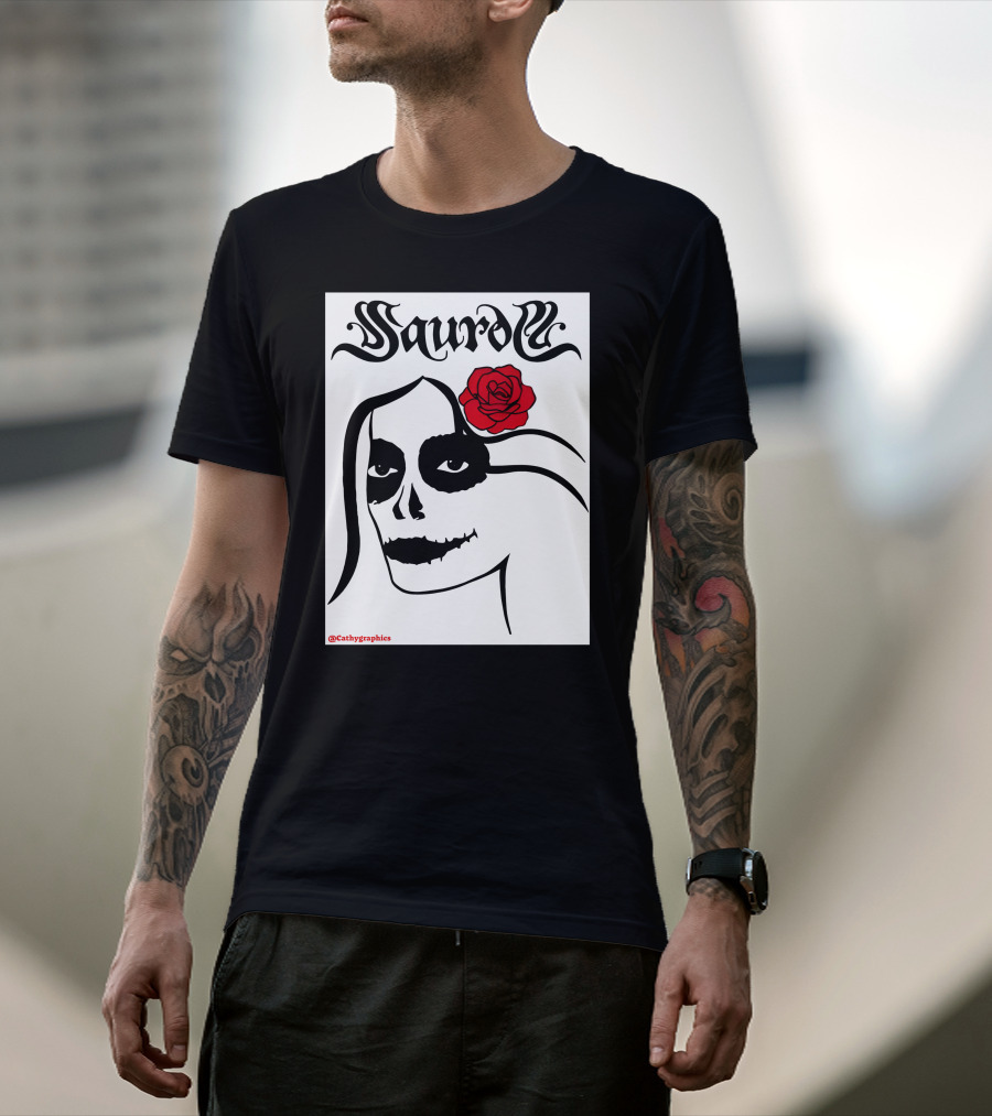 Saurom Cathygraphics Skull Face With Red Rose T-Shirt