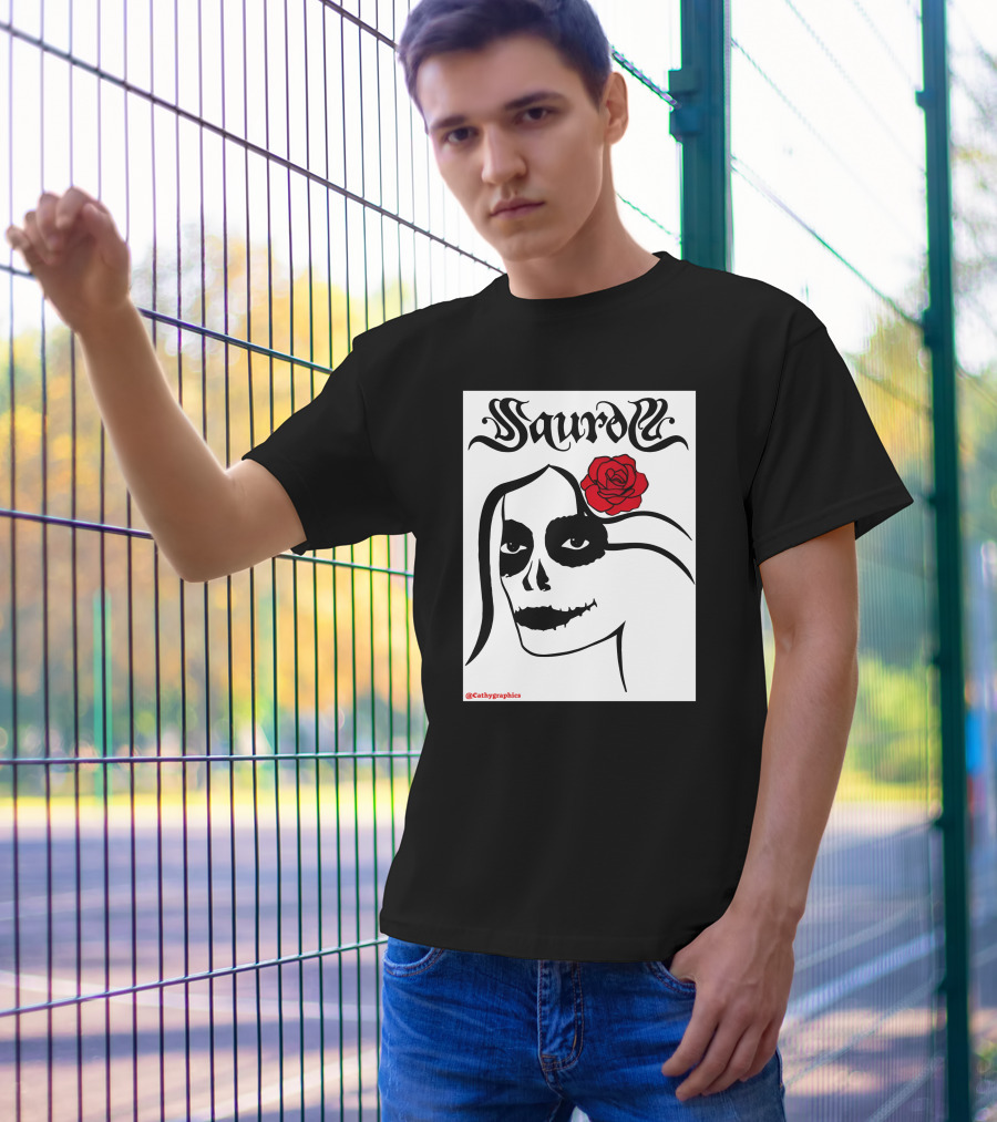 Saurom Cathygraphics Skull Face With Red Rose T-Shirt