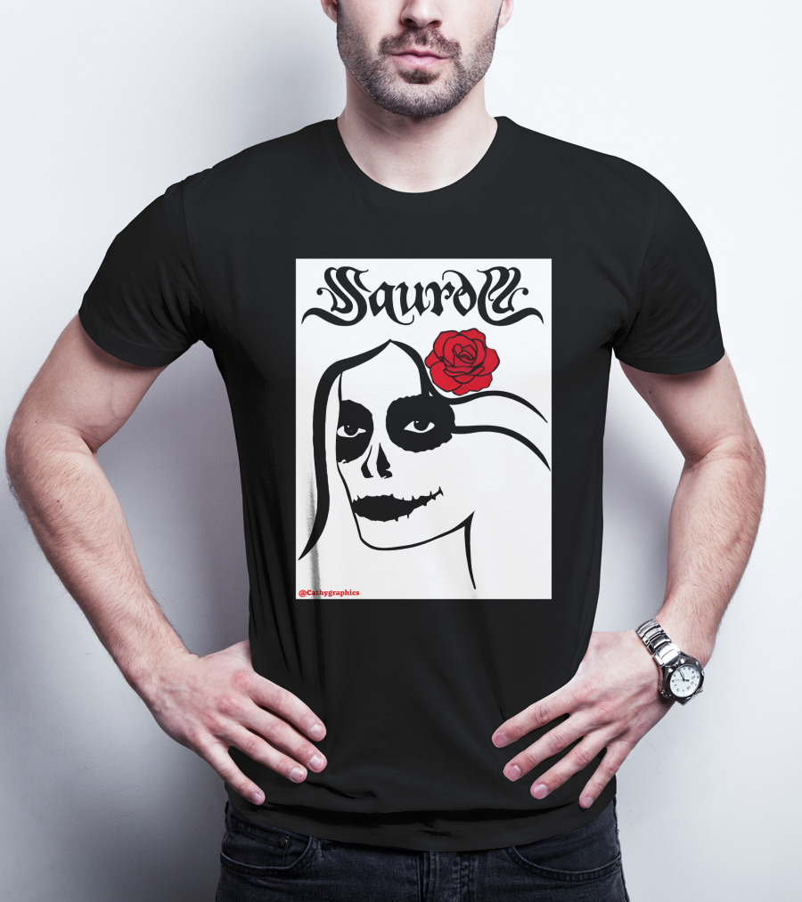 Saurom Cathygraphics Skull Face With Red Rose T-Shirt