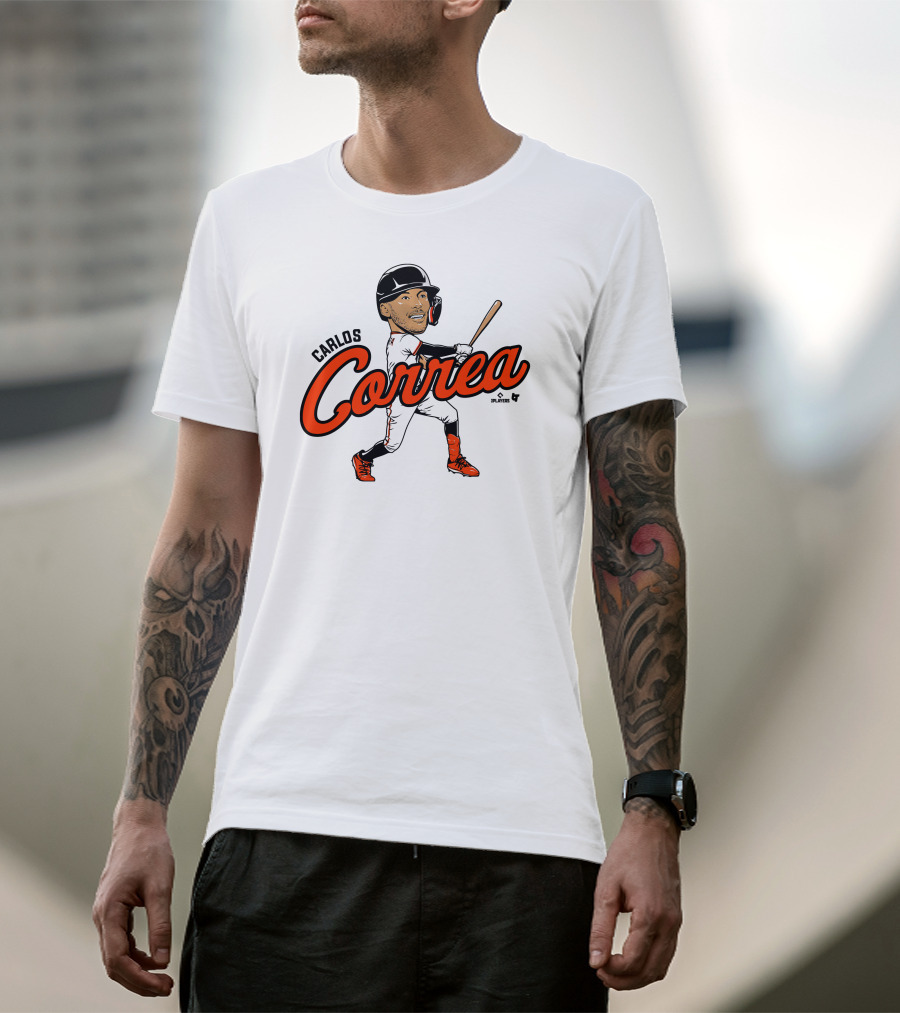 Carlos Correa Caricature Baseball Player Swinging Bat T-Shirt