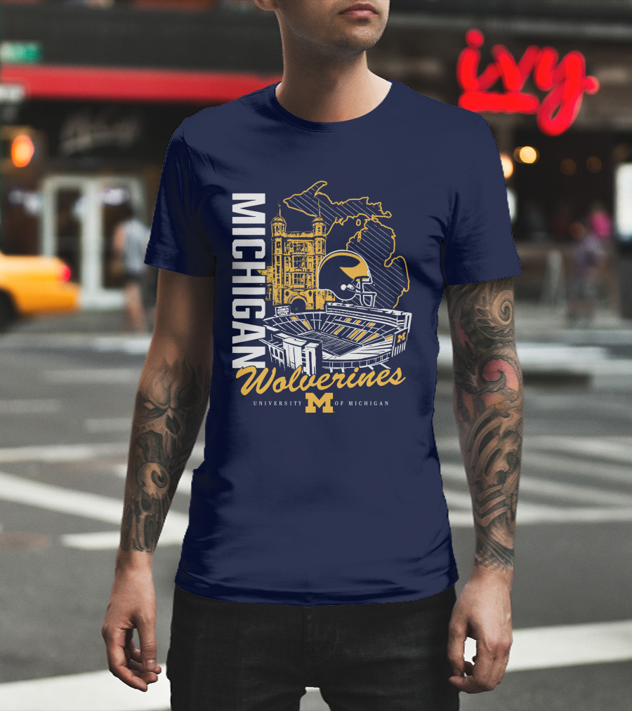 Michigan Wolverines University Of Michigan Stadium Map Helmet T-Shirt