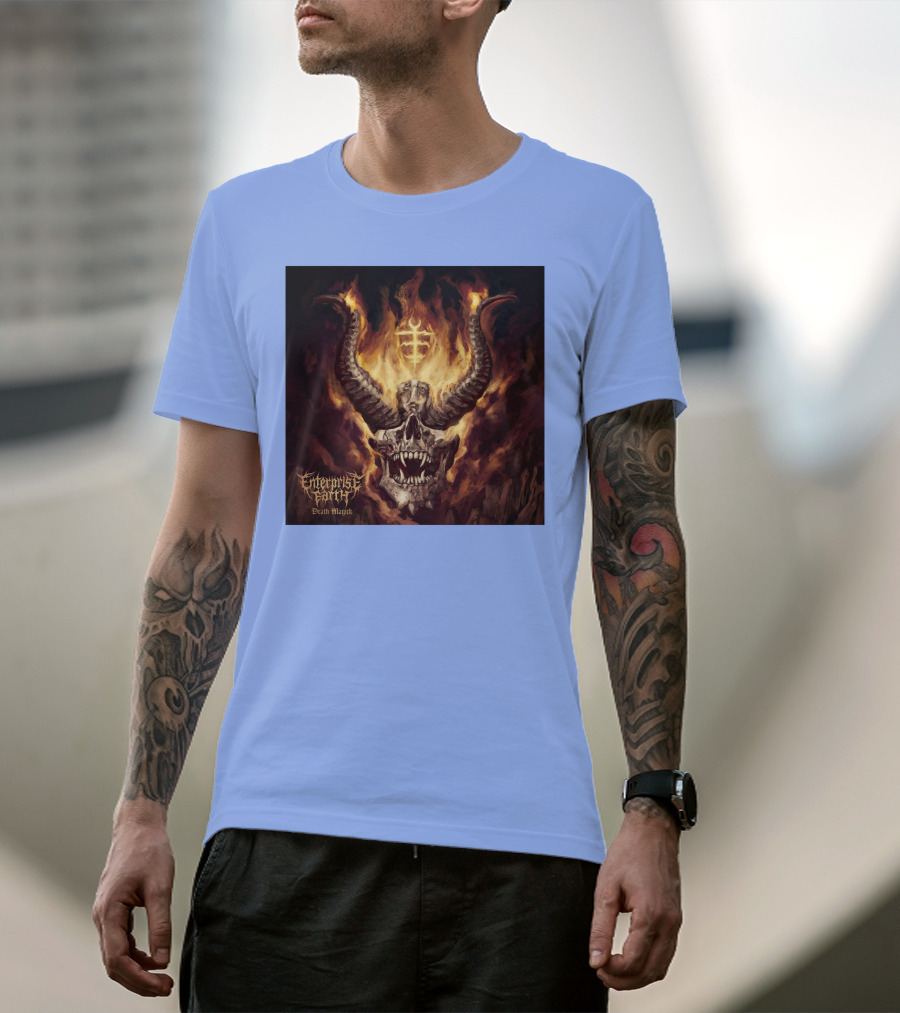 Enterprise Earth Death Magick Fiery Horned Skull T-Shirt