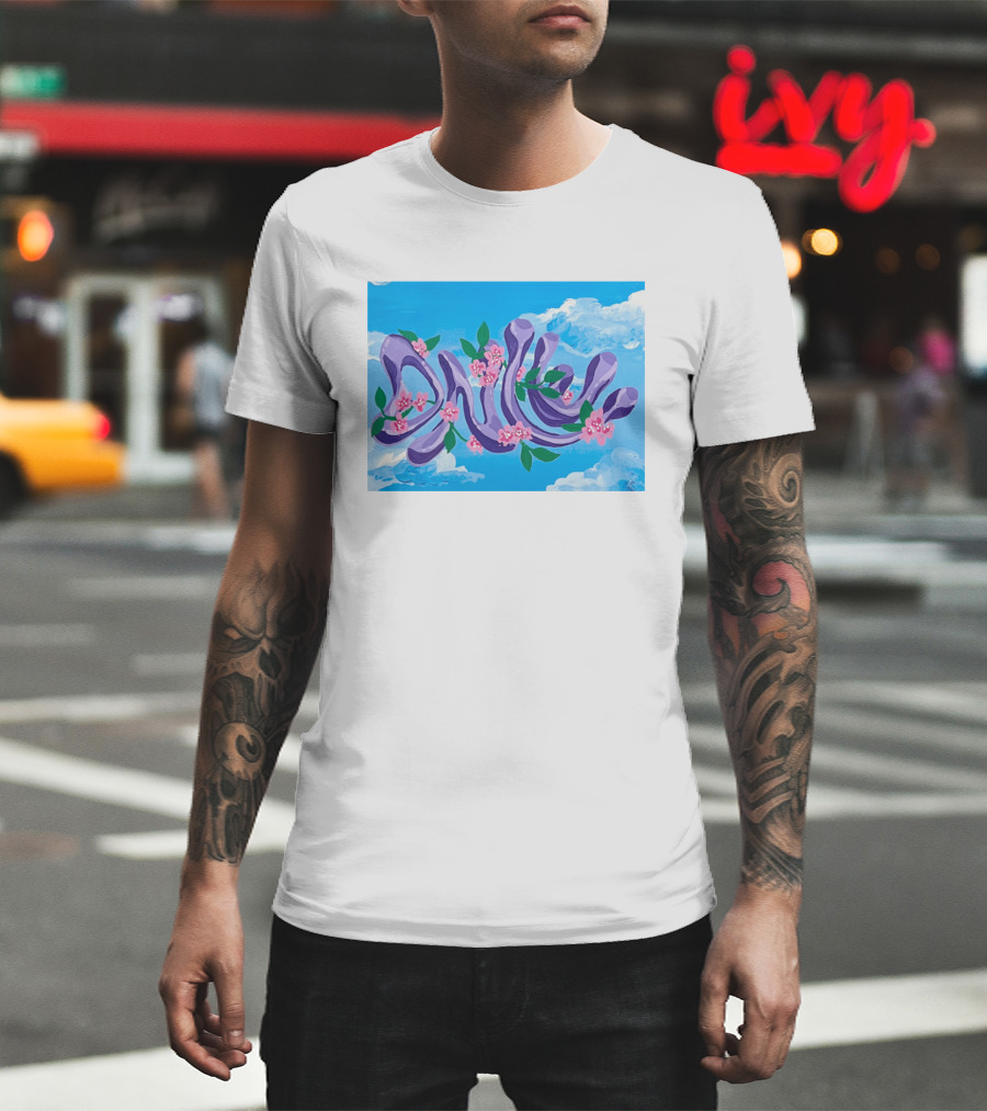 Jolene Dance Purple Script With Pink Flowers On Blue Sky Background T-Shirt