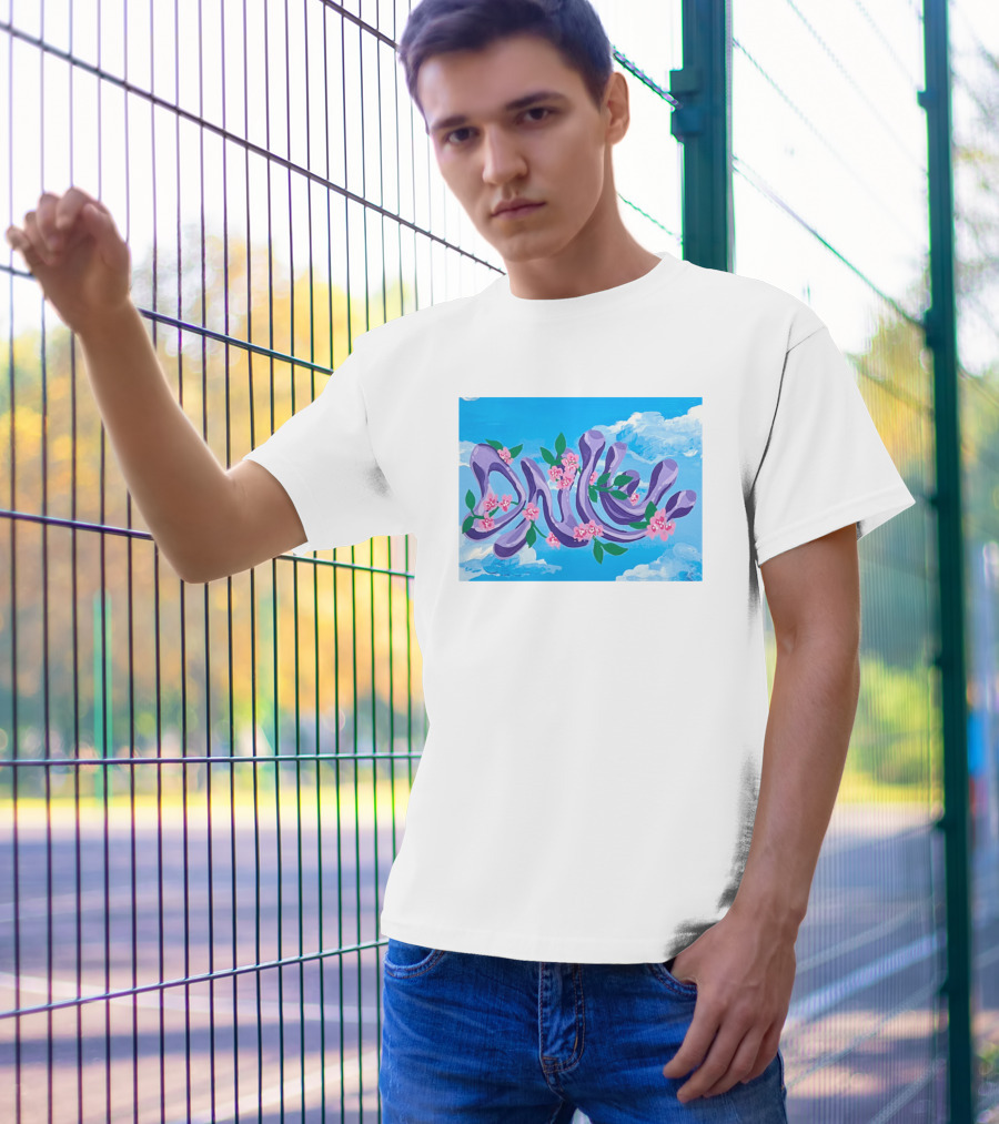 Jolene Dance Purple Script With Pink Flowers On Blue Sky Background T-Shirt