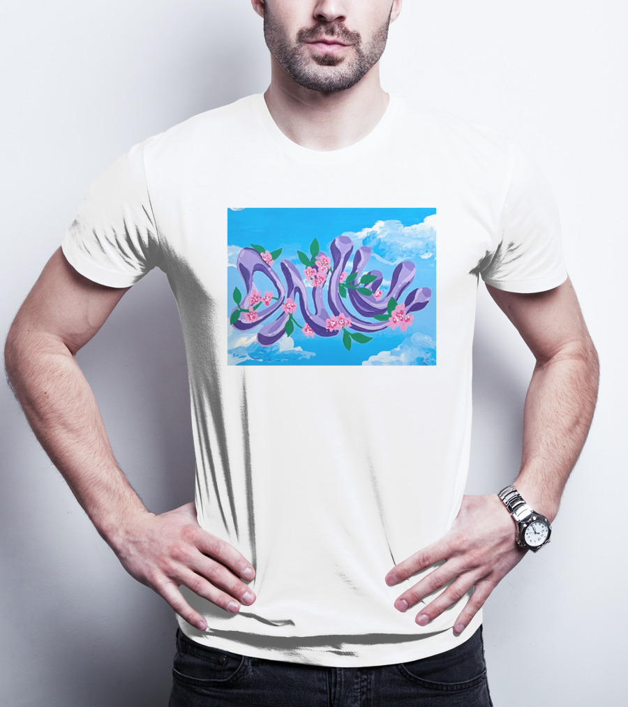 Jolene Dance Purple Script With Pink Flowers On Blue Sky Background T-Shirt