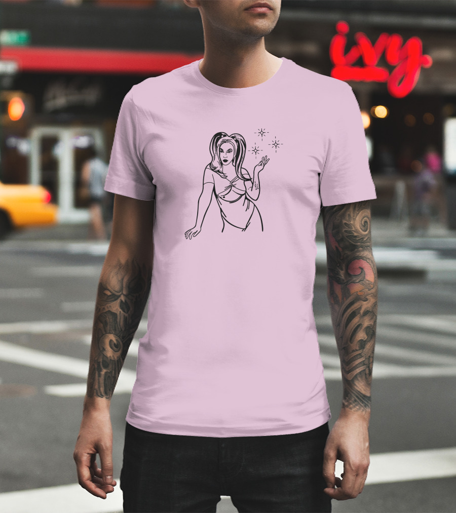 Chrissy Chlapecka Sketch With Stars On Pink Background T-Shirt