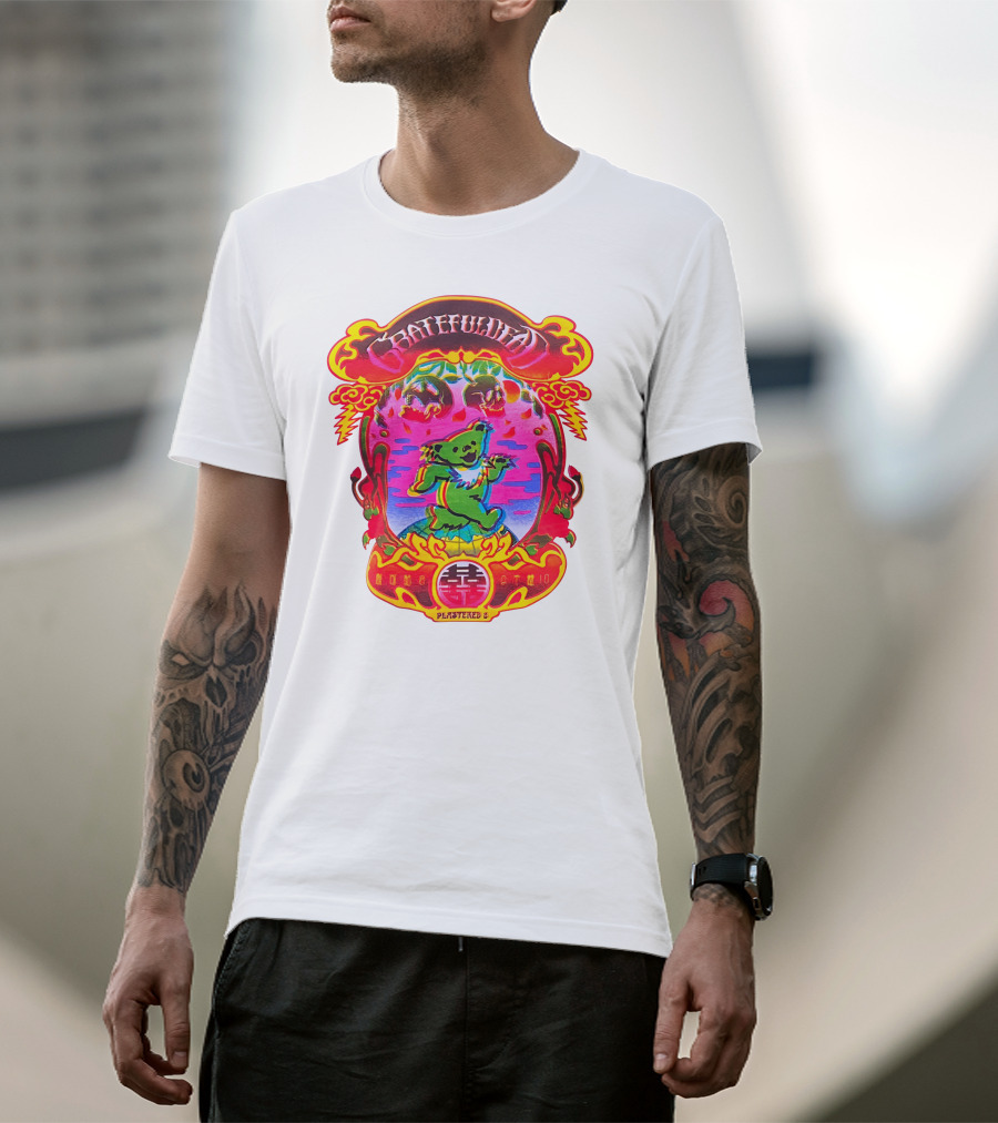 Grateful Dead X Plastered Psychedelic Bear Design With Skulls And Lightning T-Shirt