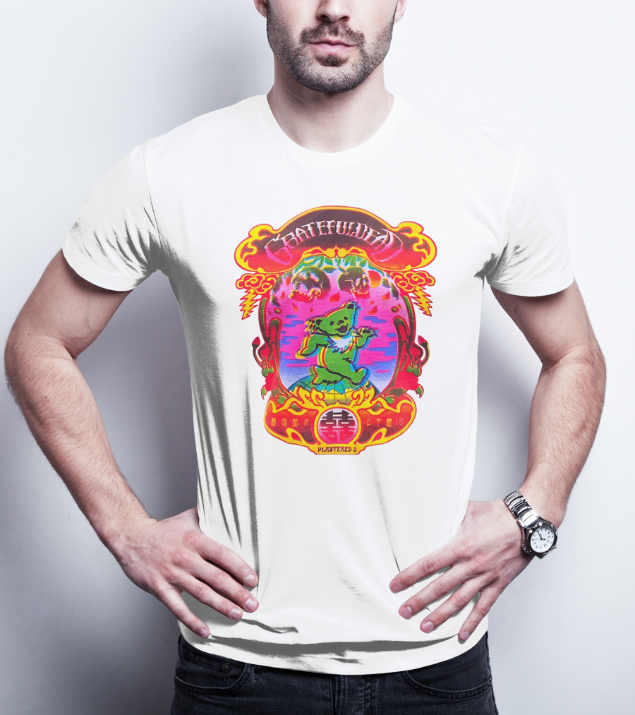 Grateful Dead X Plastered Psychedelic Bear Design With Skulls And Lightning T-Shirt
