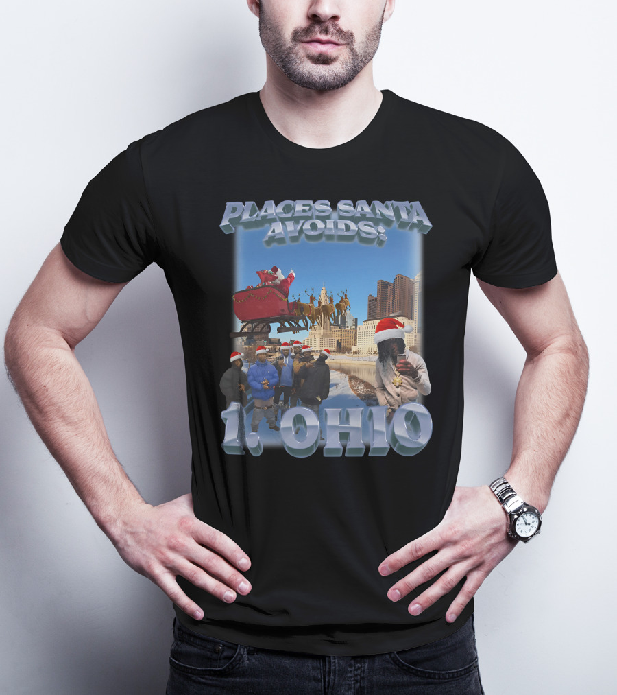 Places Santa Avoids 1 Ohio Santa's Sleigh Reindeer Columbus Skyline T-Shirt