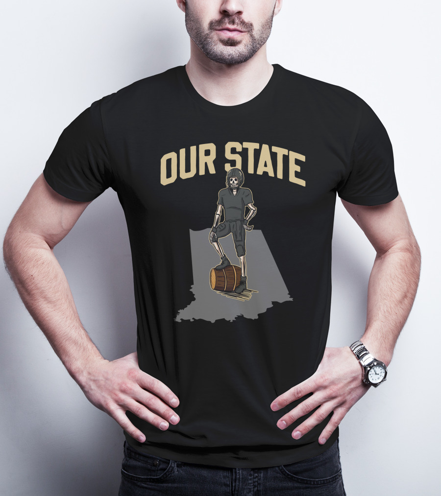 Our State Barstool Boilers Skeleton On Barrel Indiana Shadow T-Shirt